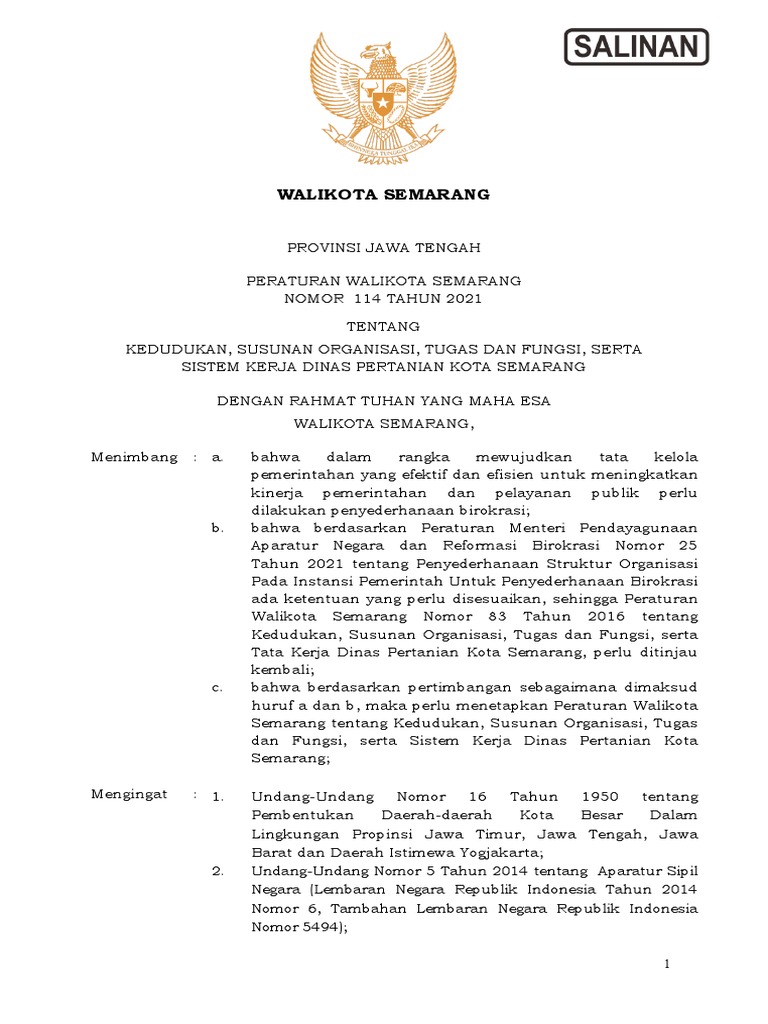 Perwal 114 Tahun 2021 TTG SOTK Serta Sistem Kerja Dinas Pertanian Kota ...