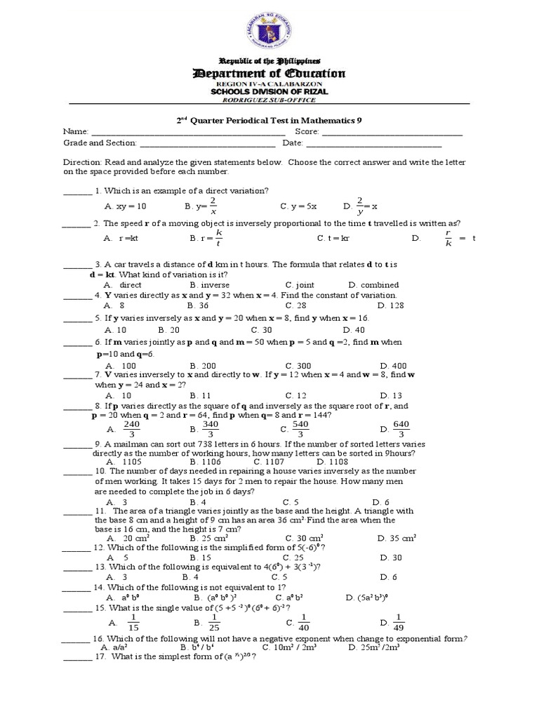 Grade 9 2nd Quarter Periodical Test SY 2022 2023 40 ITEMS Final | PDF ...