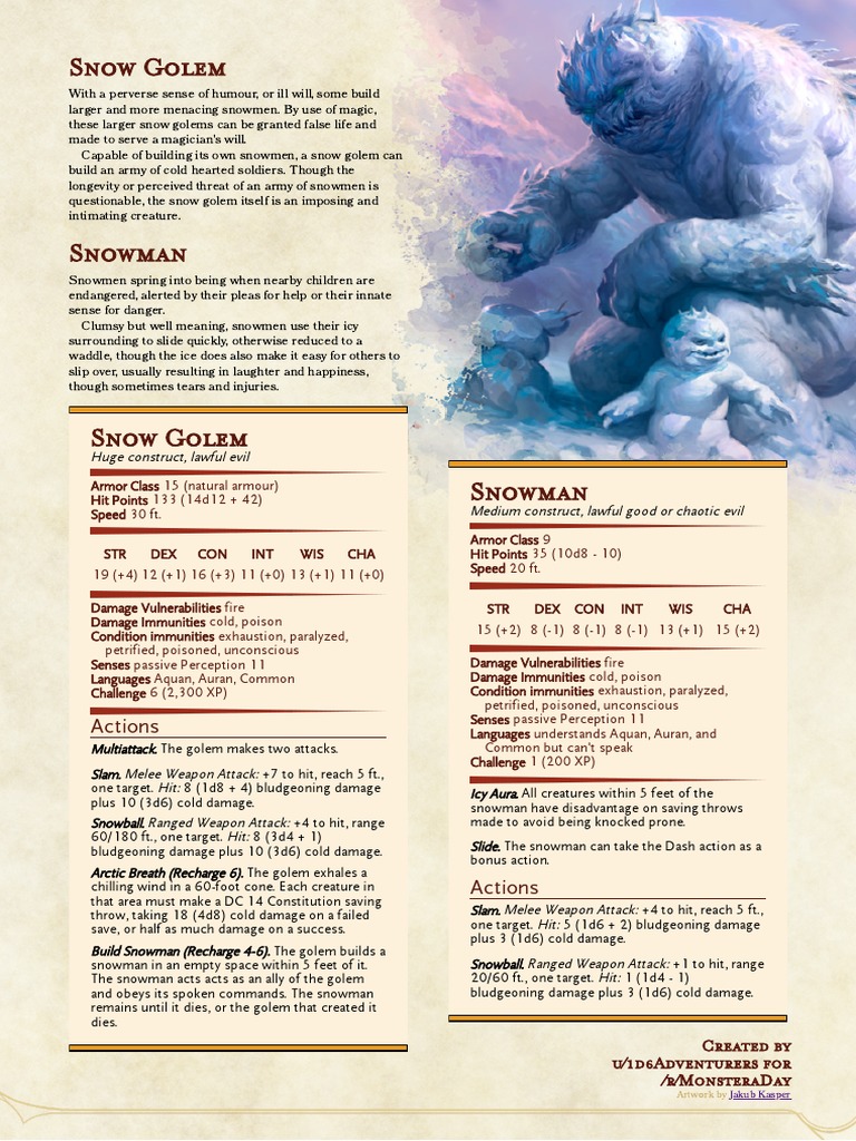 Snow Golem and Snowman Stat Blocks | PDF