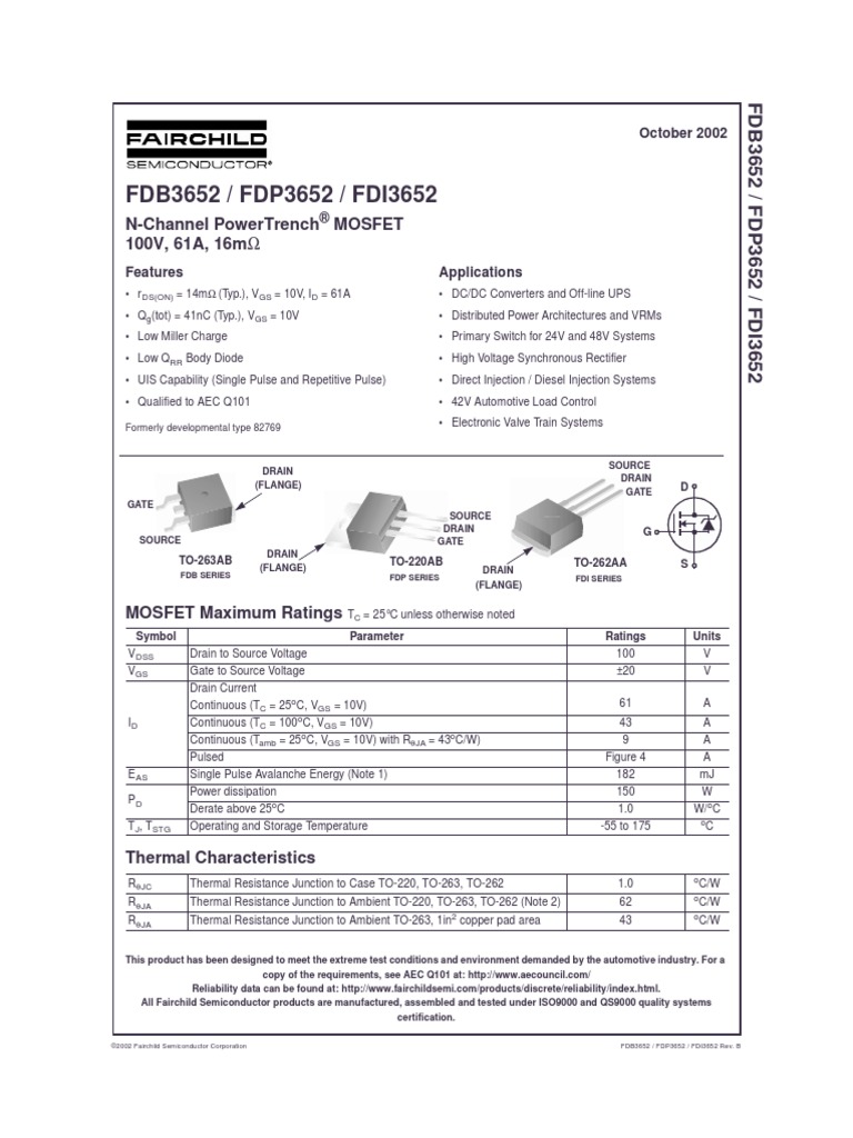 FDP3652 | PDF | Field Effect Transistor | Physical Quantities