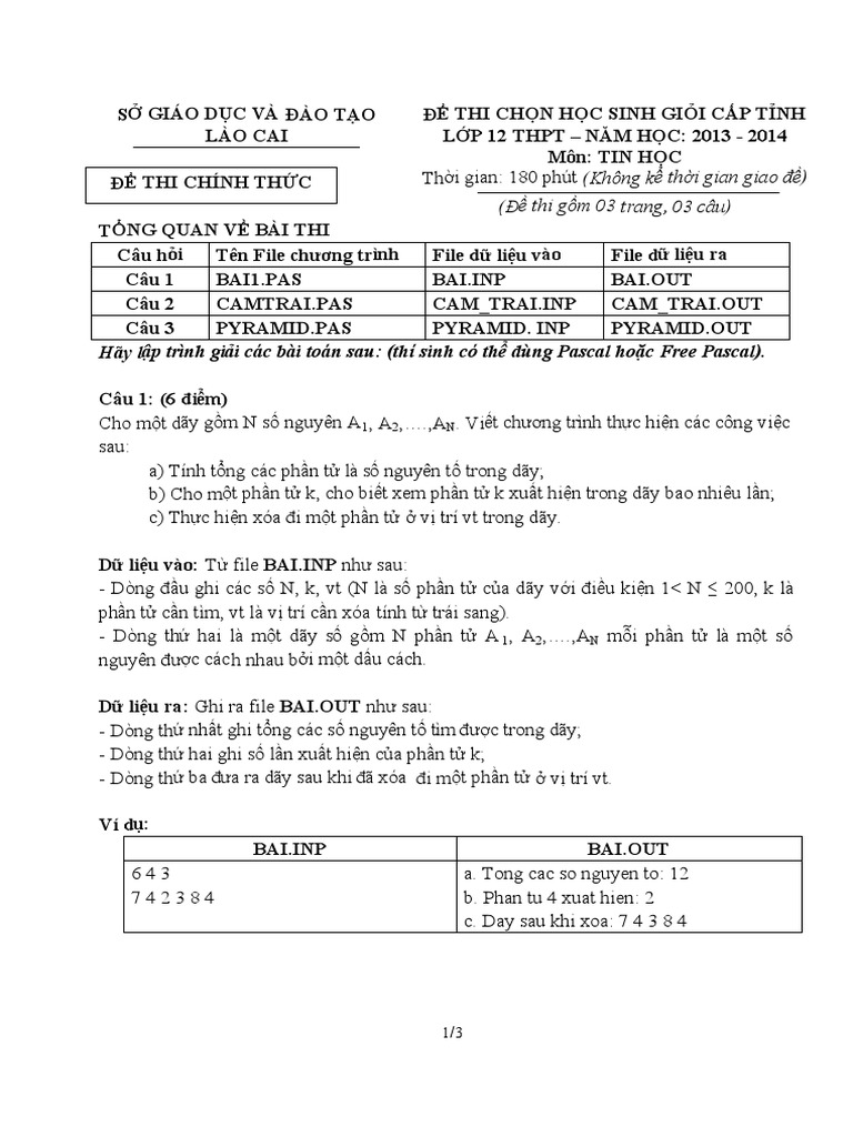 De HSG Cap Tinh Mon Tin Hoc Nam Hoc 20132014 | PDF