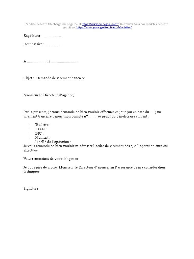 Demande de virement bancaire modèle | PDF | Finance et gestion ...