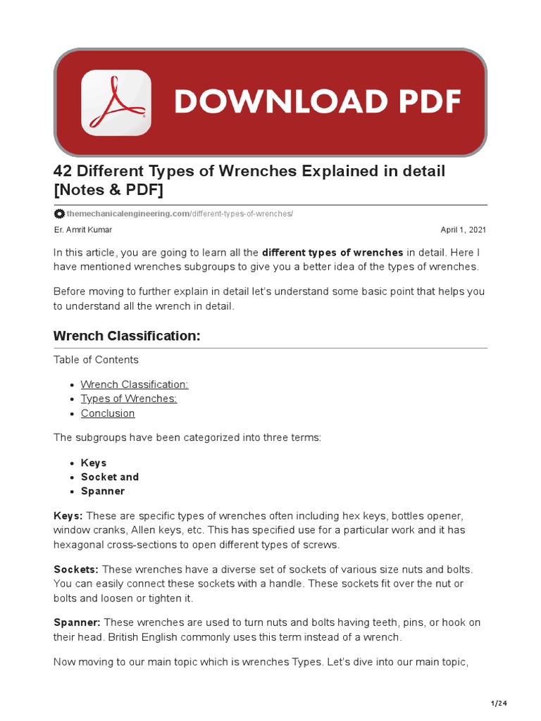 42 Different Types of Wrenches Explained in Detail Notes PDF | PDF ...