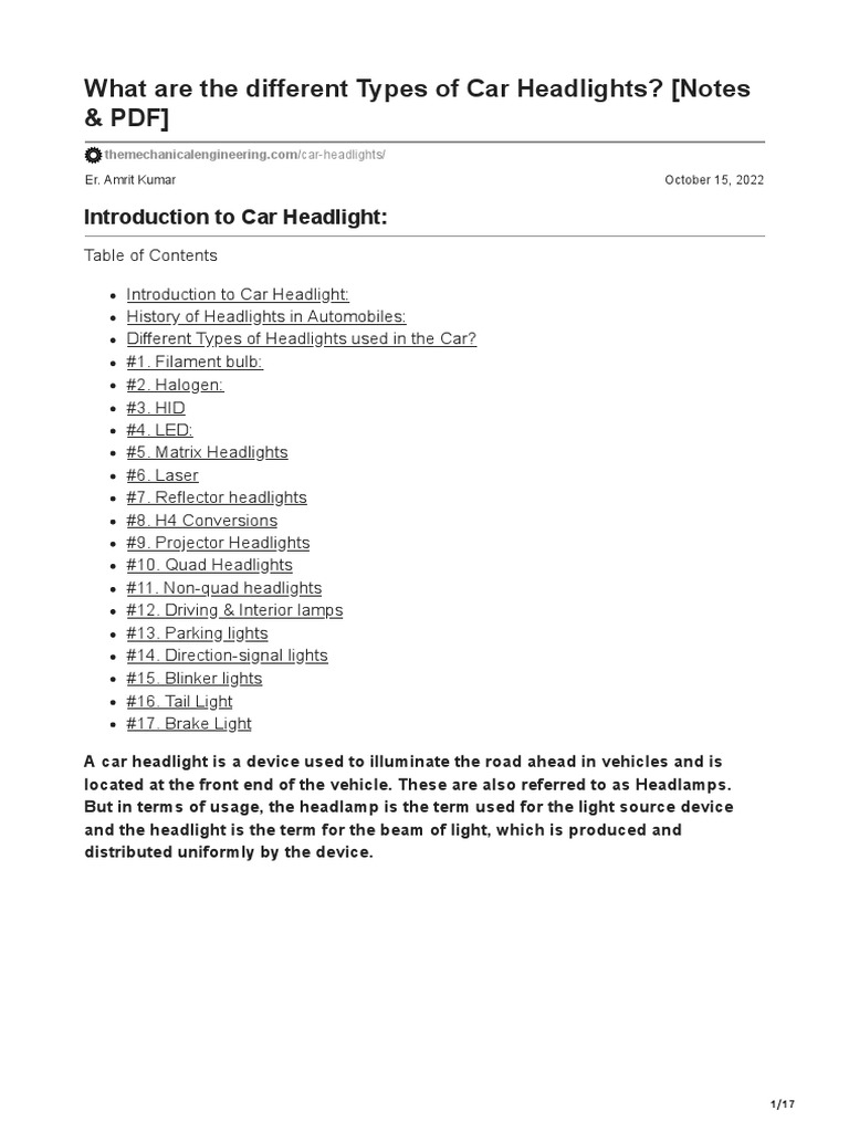 What Are The Different Types of Car Headlights Notes PDF | PDF ...