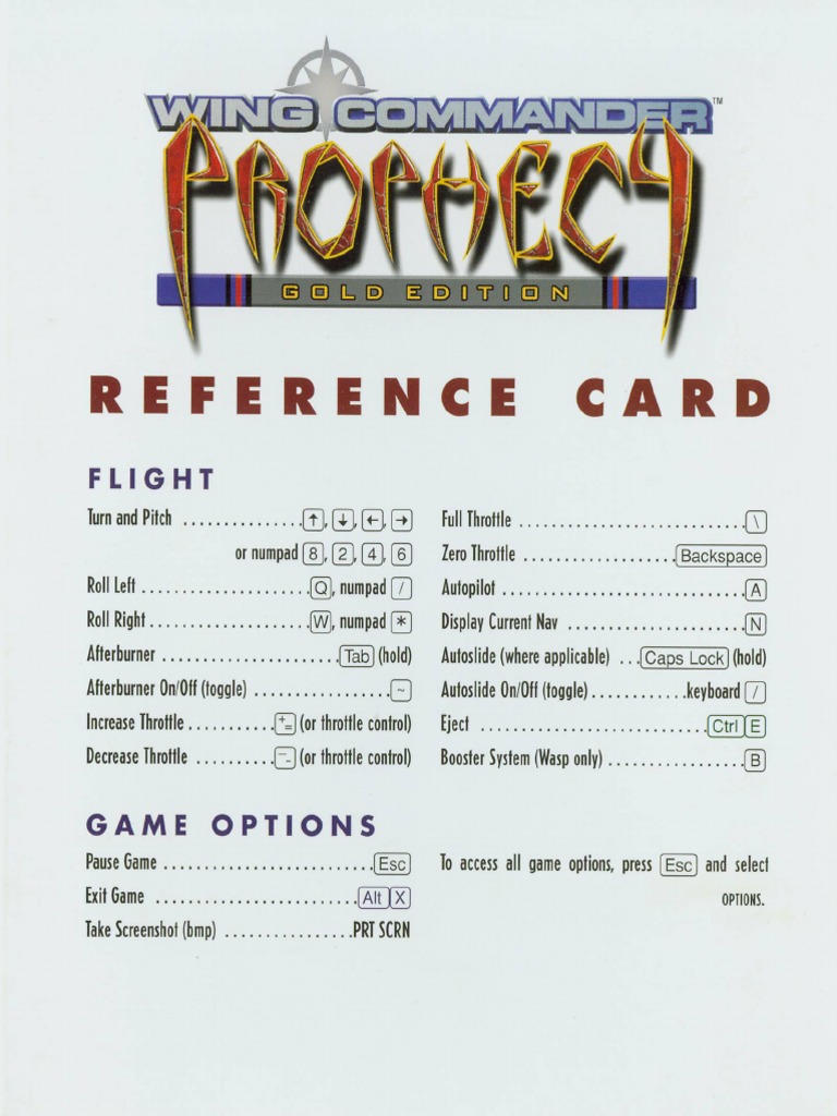 Wing Commander Prophecy - Reference Card | PDF