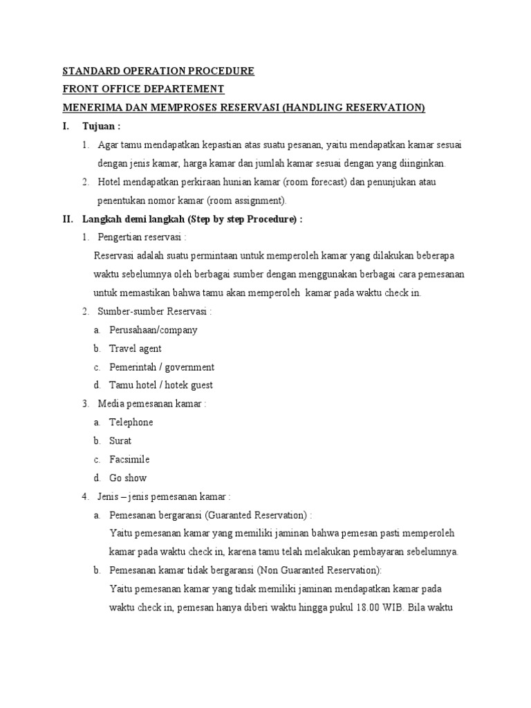 Sop Handling Reservation | PDF