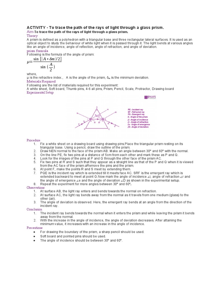 ACTIVITY - (11th pr-1) | PDF | Prism | Refraction