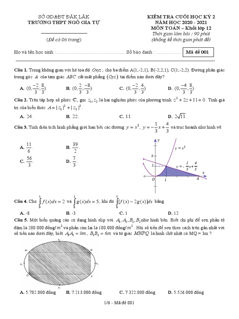 De Thi Cuoi Hoc Ky 2 Toan 12 Nam 2020 2021 Truong THPT Ngo Gia Tu Dak Lak | PDF