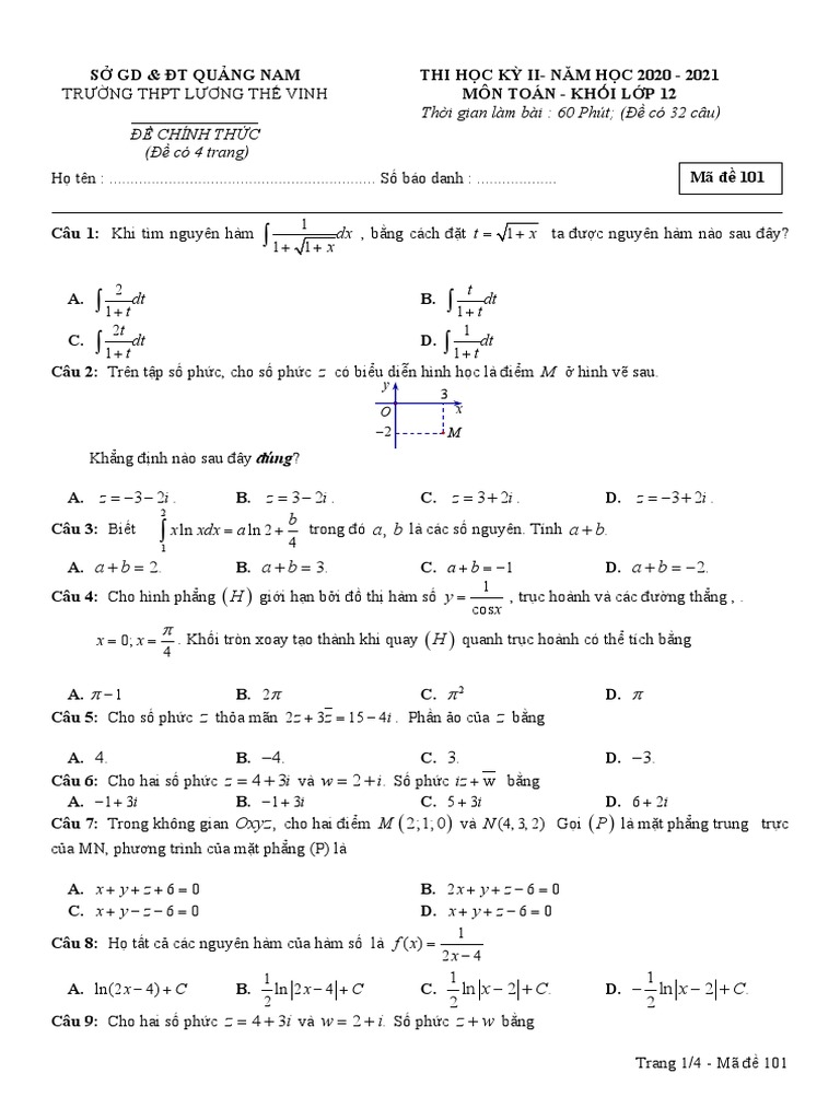 De Thi hk2 Toan 12 Nam 2020 2021 Truong THPT Luong The Vinh Quang Nam | PDF