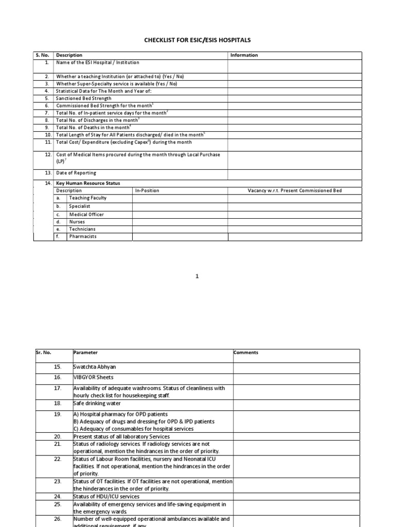 Checklist For Esic/Esis Hospitals | PDF | Emergency Department | Hospital