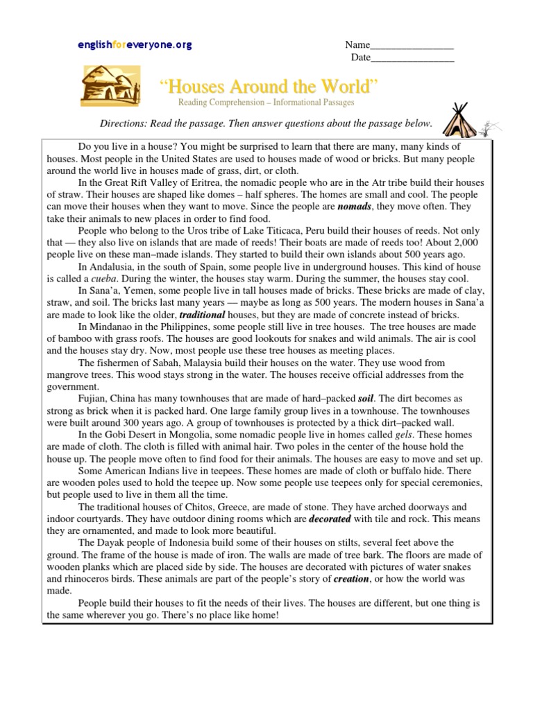 Houses Around The World READING Comprehension | PDF | Nature