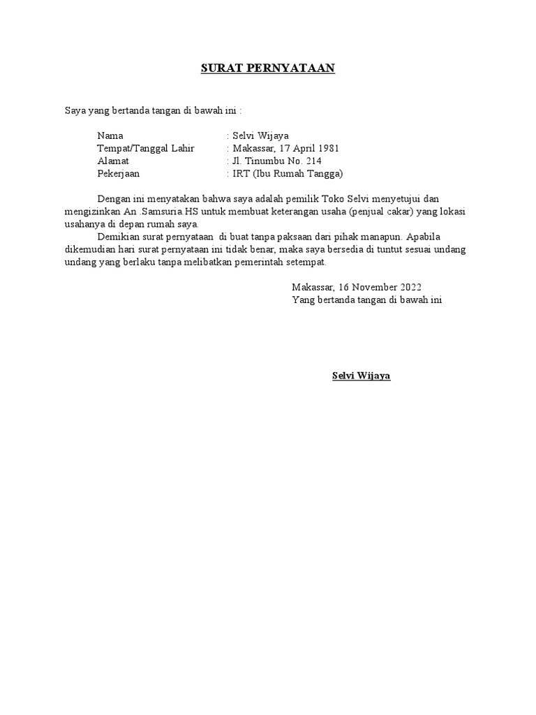 Surat Pernyataan Toko | PDF