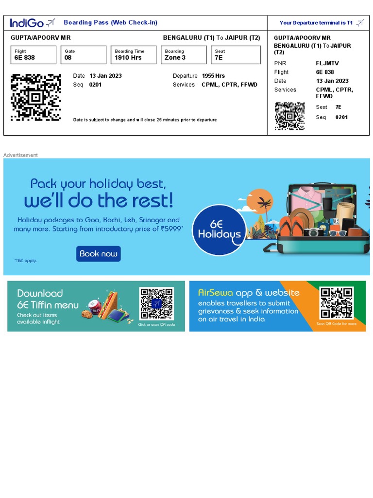 6E 838 08 1910 Hrs Zone 3 7E: Boarding Pass (Web Check In) | PDF ...