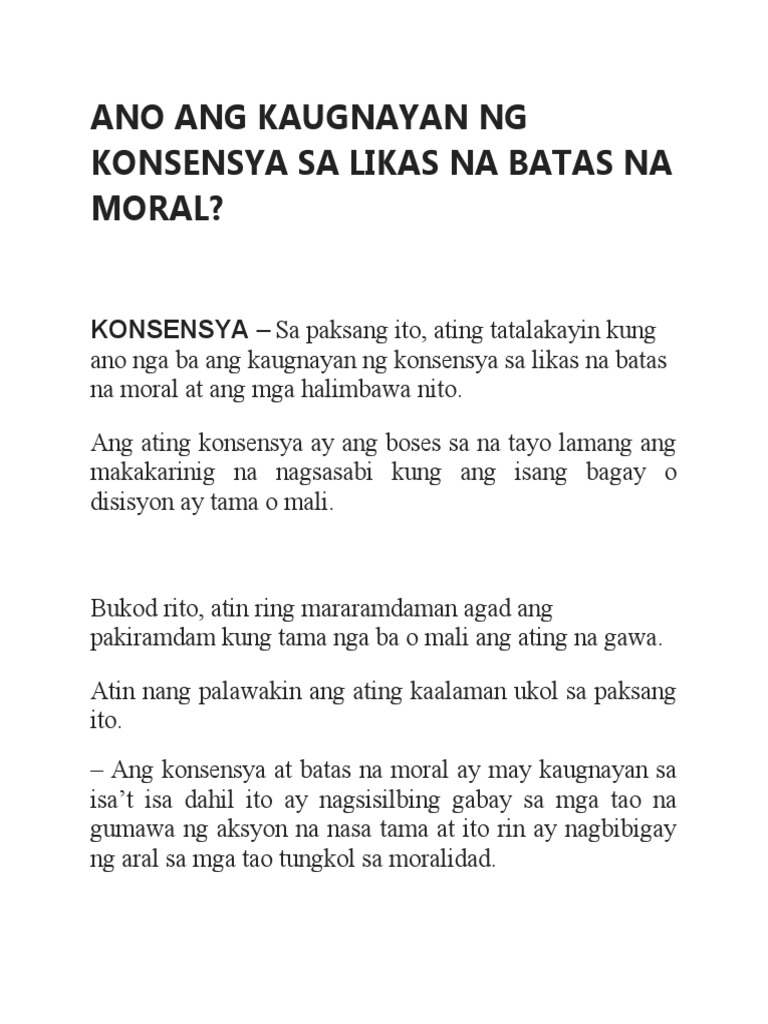 Ano Ang Kaugnayan NG Konsensya Sa Likas Na Batas Na Moral | PDF