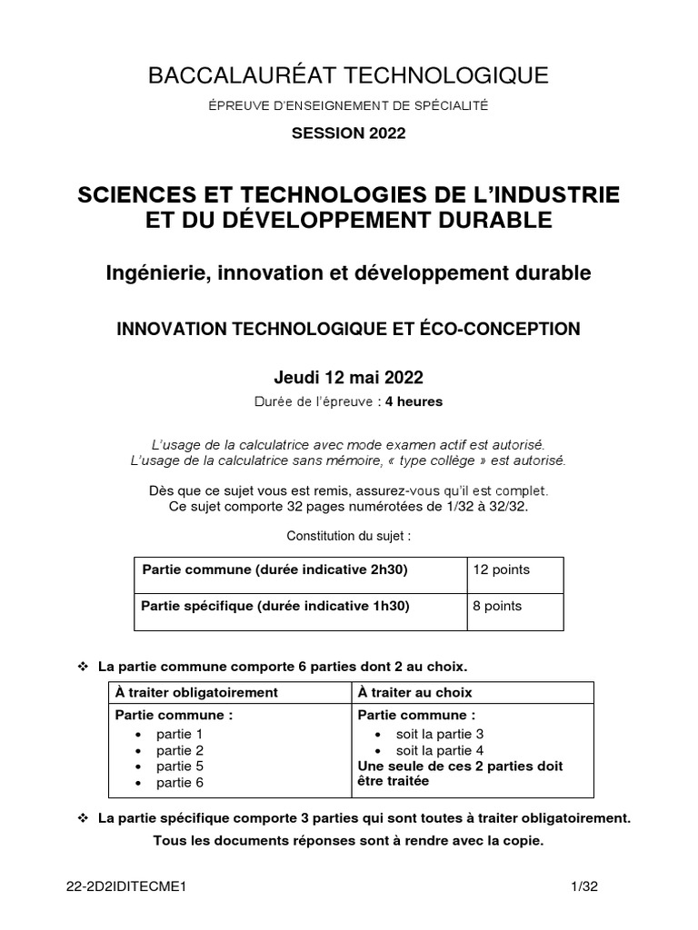 Sujet STI2D ITEC 2022 | PDF | Résistance des matériaux | Pompe à chaleur