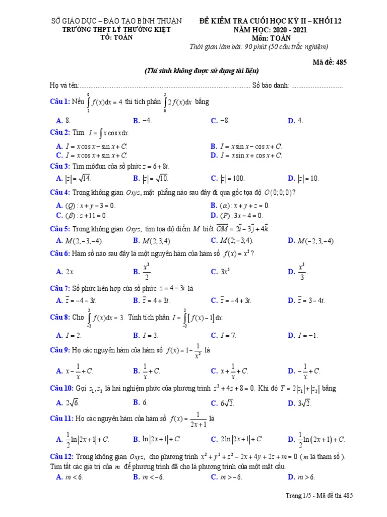 De Thi Cuoi Ky 2 Toan 12 Nam 2020 2021 Truong Ly Thuong Kiet Binh Thuan | PDF