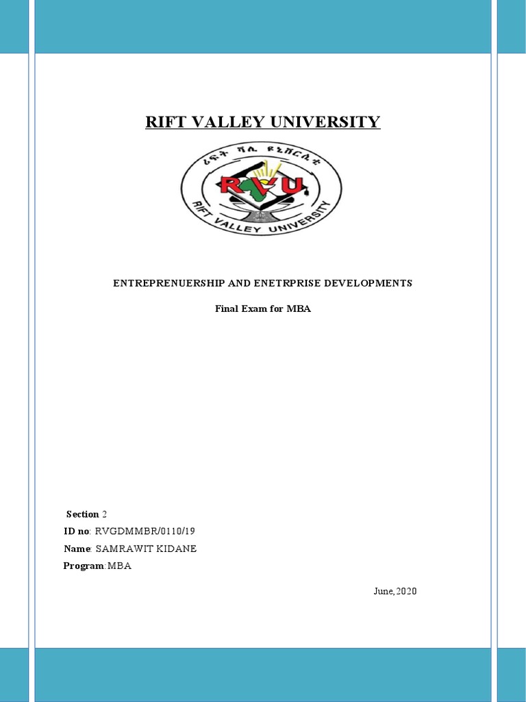 Rift Valley University Entrepreneurship Final Exam | PDF | Entrepreneurship | Idea