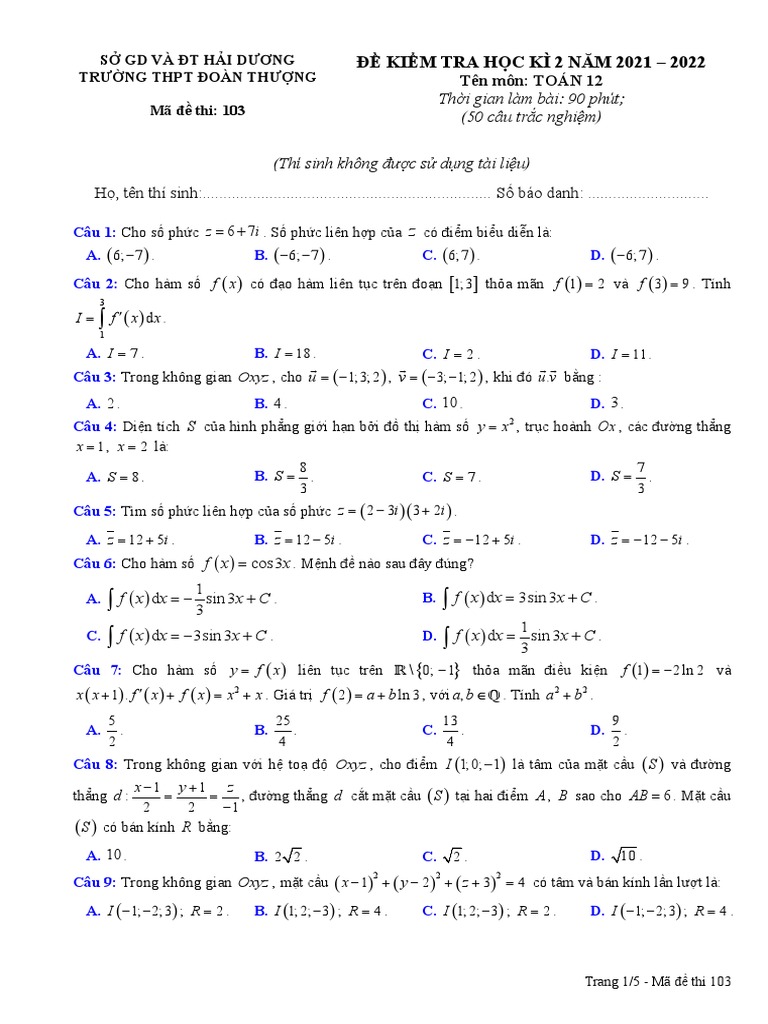 De Hoc Ki 2 Toan 12 Nam 2021 2022 Truong THPT Doan Thuong Hai Duong | PDF