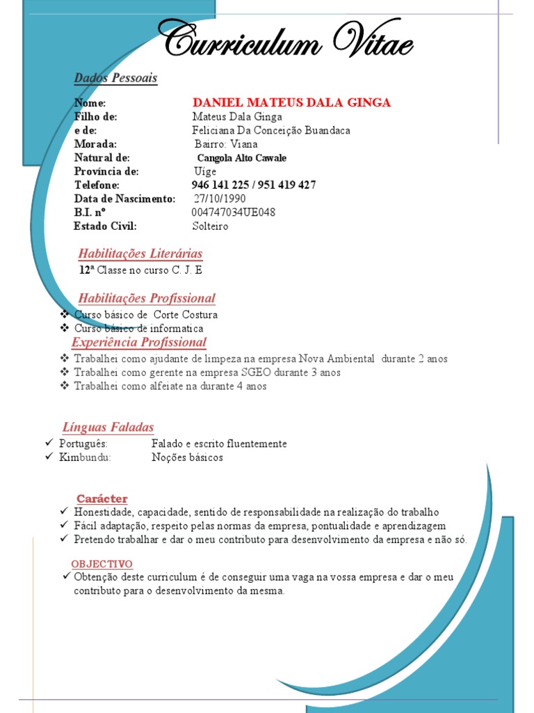 Curriculum Vitae de Daniel Mateus Dala Ginga | PDF