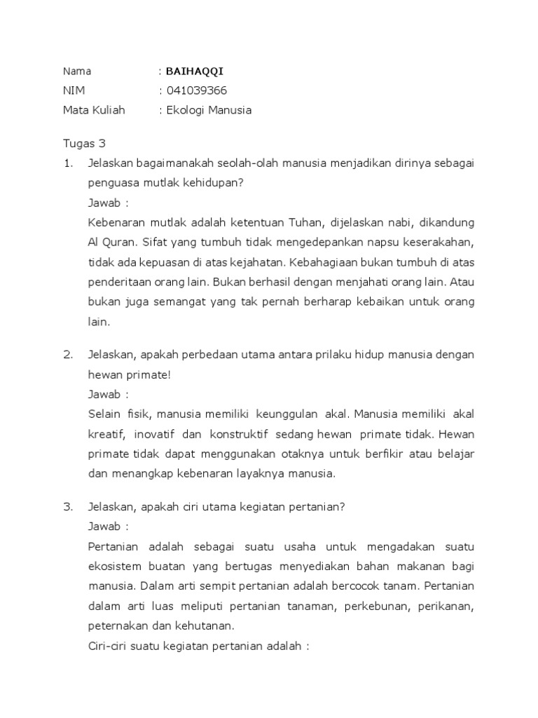 Tugas 3 - Ekologi Manusia - Baihaqqi | PDF