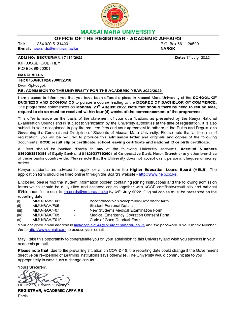 Maasai Mara University 29542301065 Admission Letter | PDF