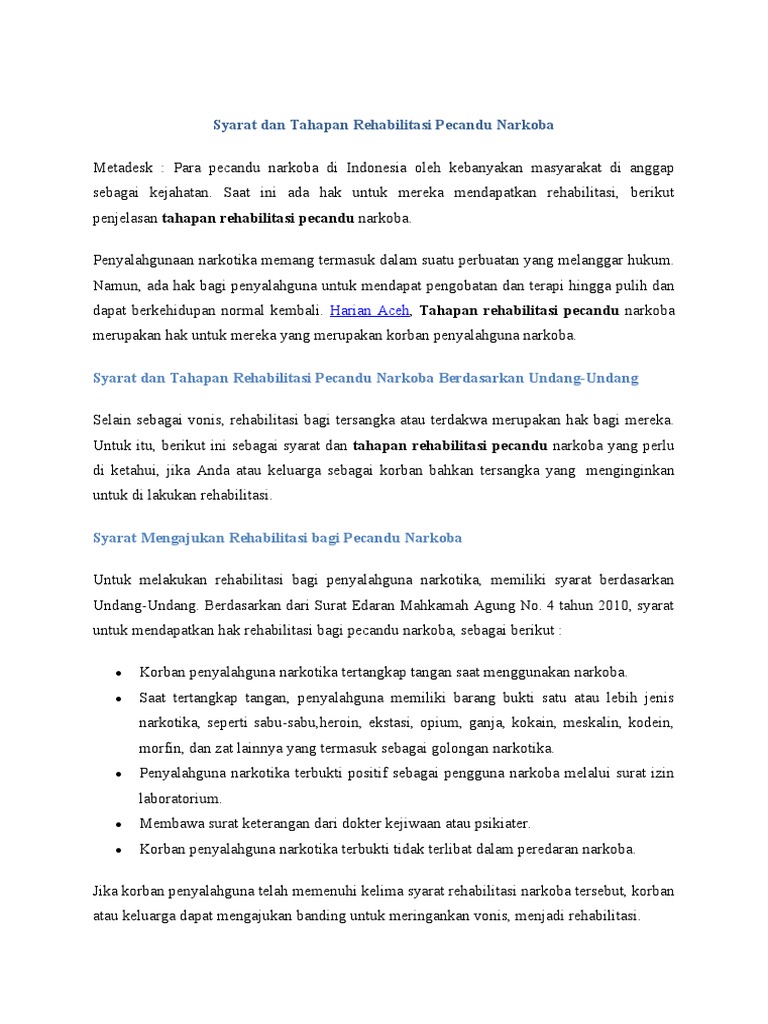Syarat Dan Tahapan Rehabilitasi Pecandu Narkoba | PDF