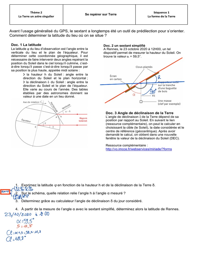 Calcul de la latitude à Rennes avec sextant | PDF | Latitude | Angle