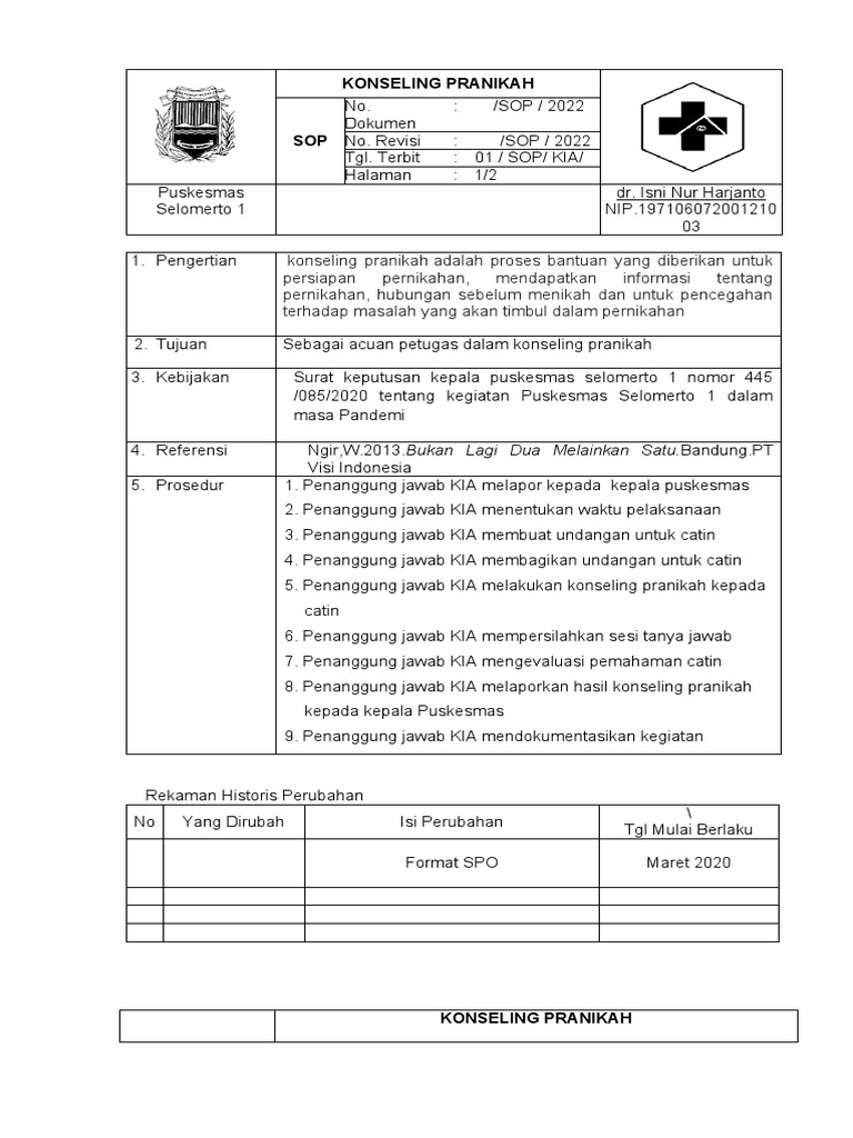 SOP Konseling Pranikah Selomerto | PDF