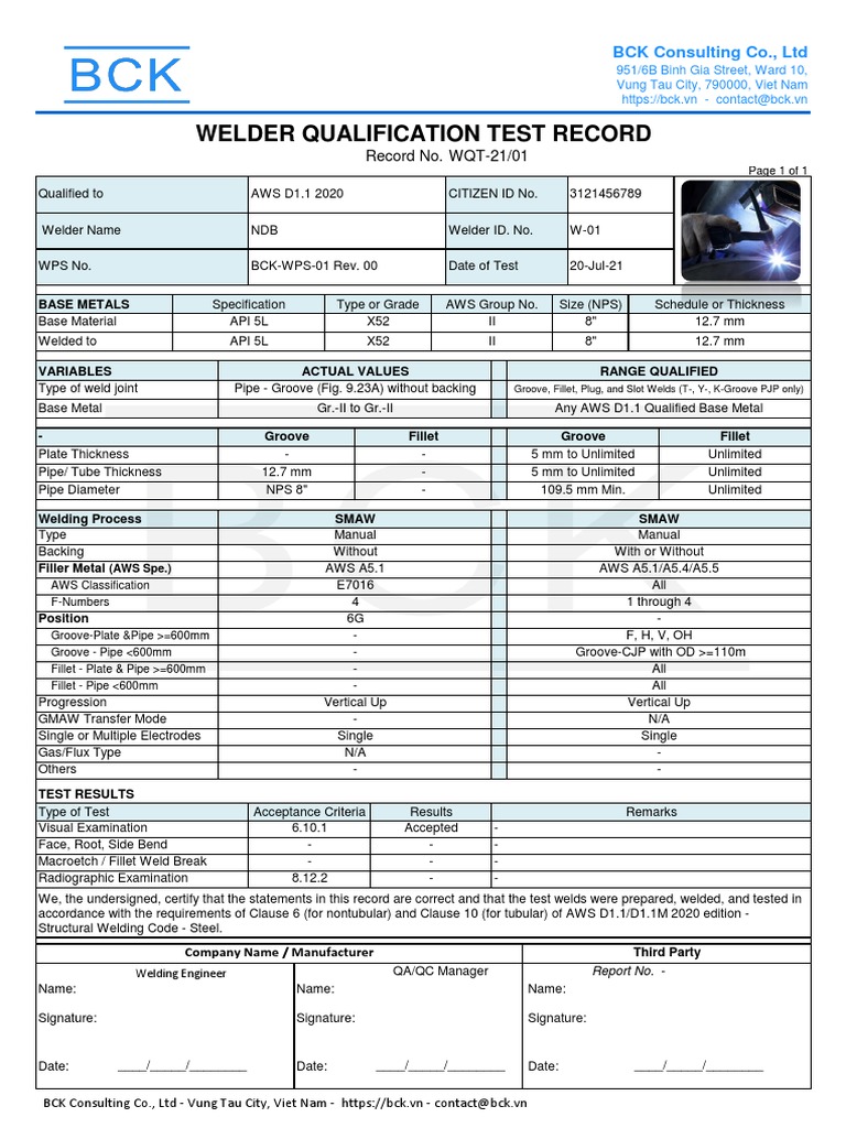 Welder Qualification Test Record for NDB | PDF | Pipe (Fluid Conveyance ...