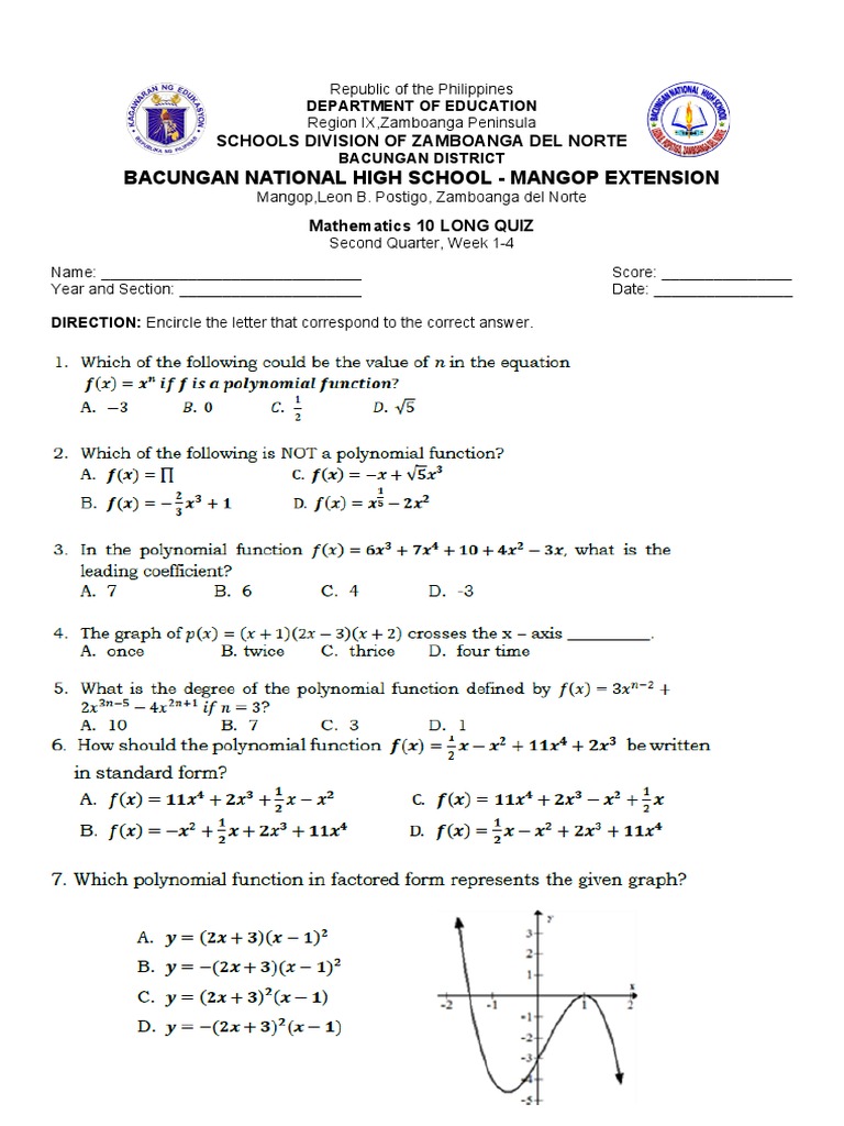 Mathematics 10 ASSESSEMENT Q2 (W1-W4) | PDF