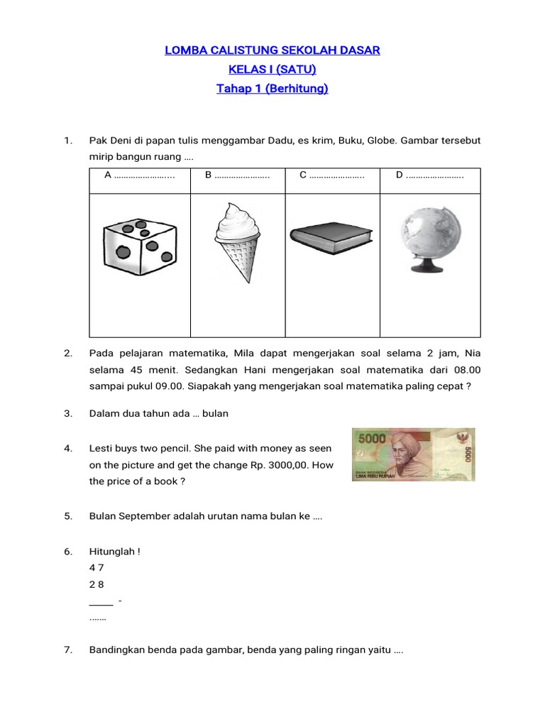 Soal Calistung Kelas 1 SD PDF | PDF