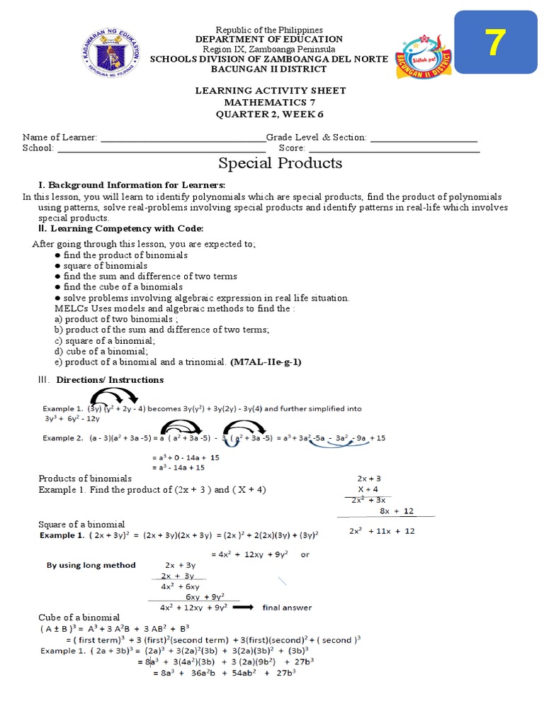 Special Products in Mathematics 7 | PDF | Polynomial | Algebra