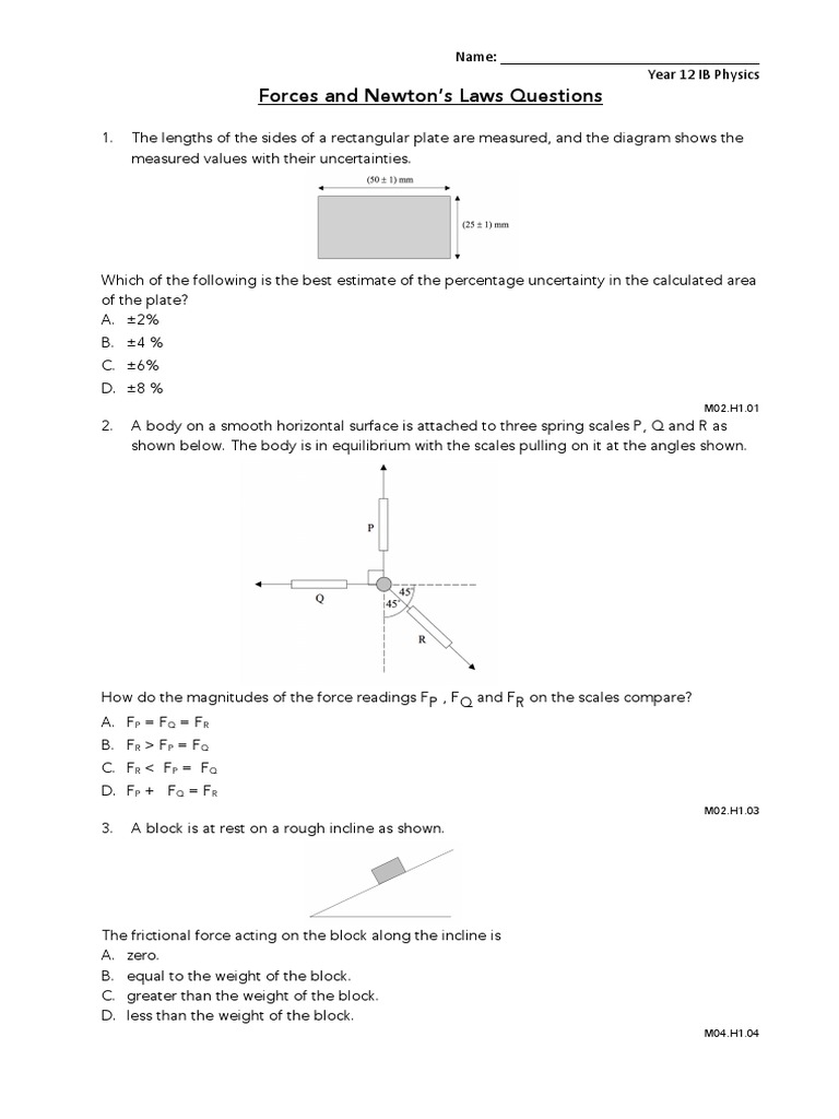 IB Physics Forces & Newton's Laws Quiz | PDF | Force | Weight