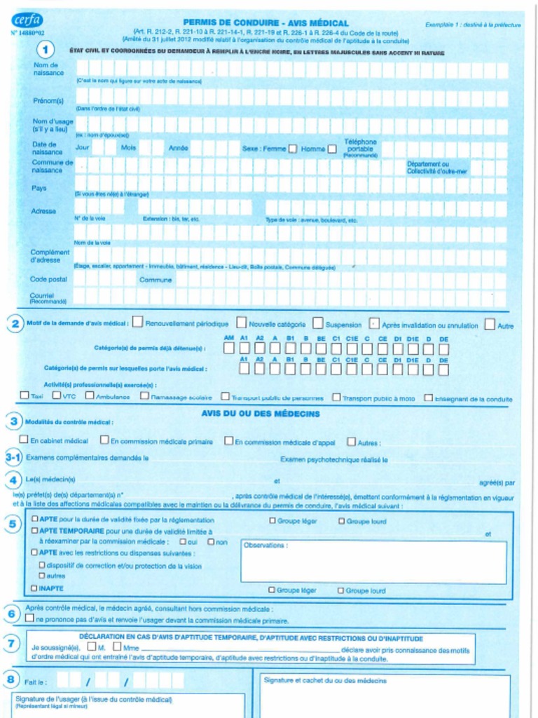 Cerfa Controle Medical Aptitude Conduite | PDF