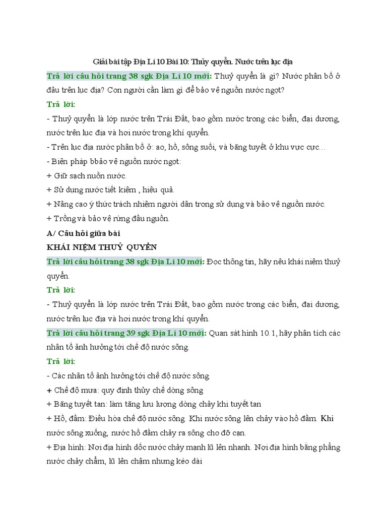 Giai Dia 10 Bai 10 Thuy Quyen Nuoc Tren Luc Dia Canh Dieu 2 | PDF