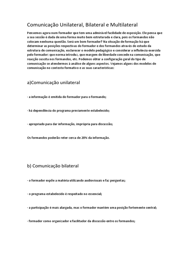 Comunicação Unilateral, Bilateral e Multilateral | PDF | Carreira e ...