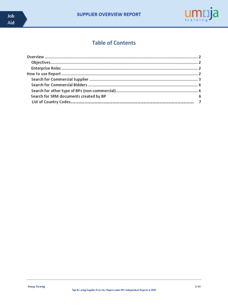 Supplier Overview Report Umoja Job Aid | PDF Supplier Overview Report Umoja Job Aid | PDF