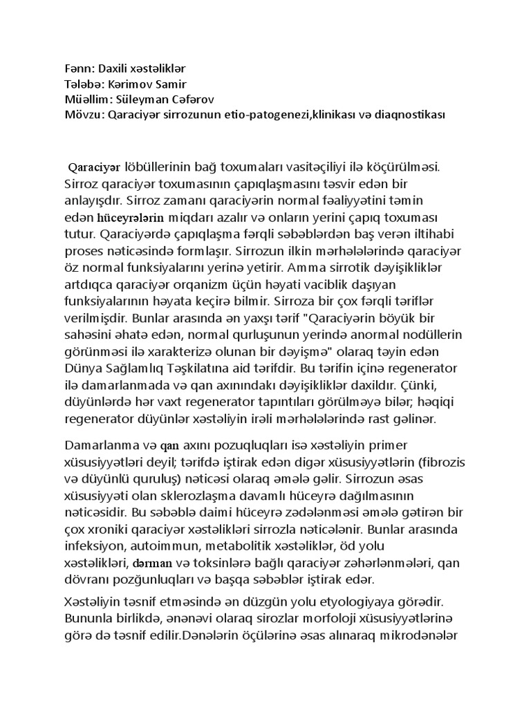 FƏNN: Daxili Xəstəliklər TƏLƏBƏ: Kərimov Samir Müəllim: Süleyman ...