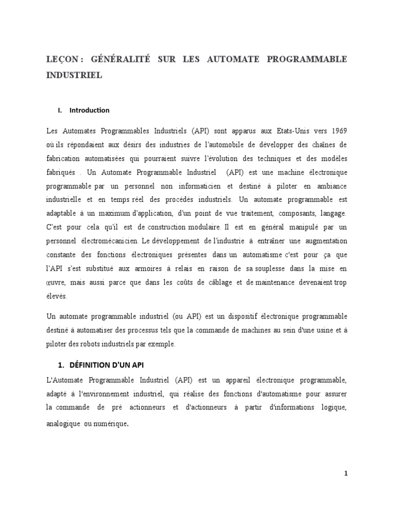 Leçon 2. Généralité Sur Automate Programmable Industriel | PDF