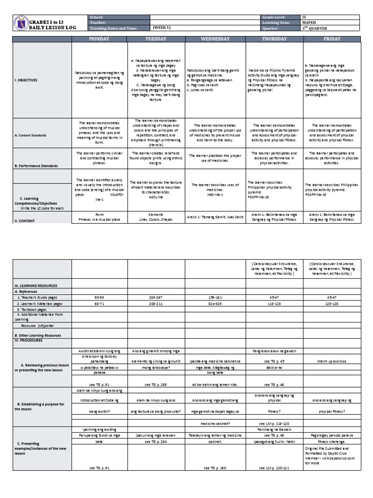DLL - Mapeh 4 - Q3 - W1 | PDF | Learning | Behavior Modification