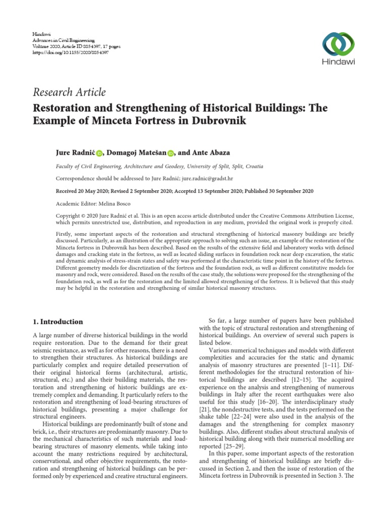 Research Article: Restoration and Strengthening of Historical Buildings ...