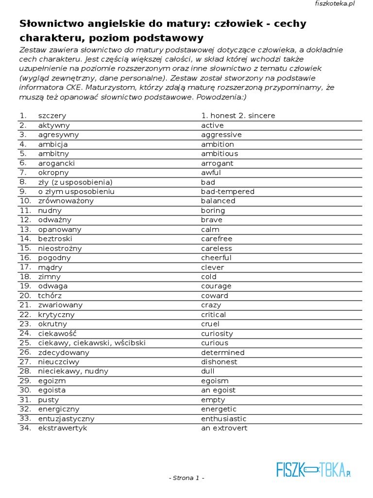57 Slownictwo Angielskie Do Matury Czlowiek Cechy Charakteru Poziom ...