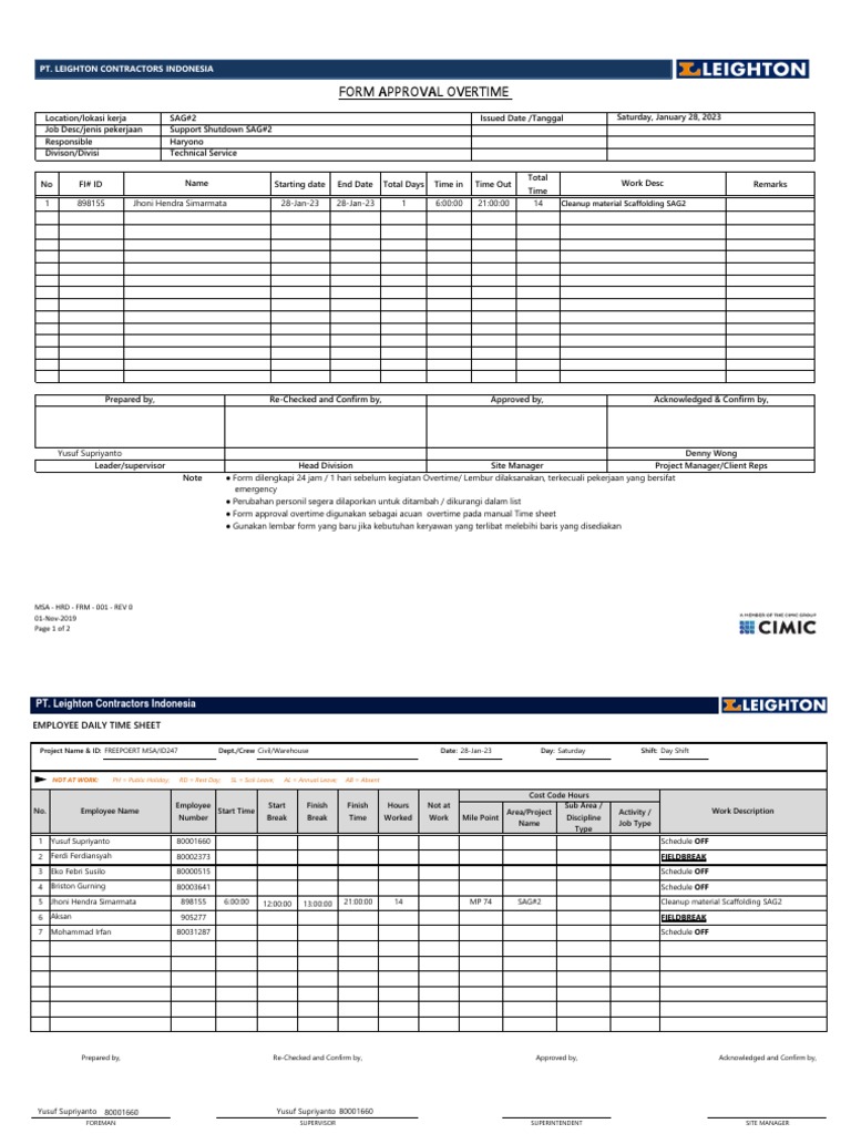 Form Timesheet & Overtime, 28-Jan-23 | PDF | Industrial Relations ...