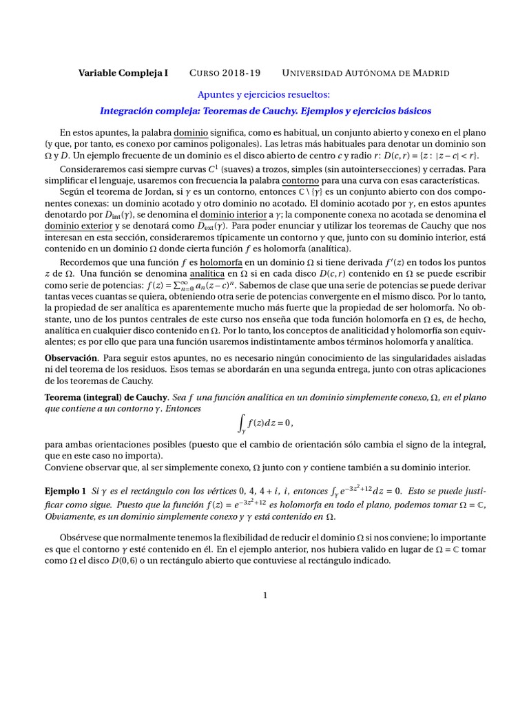 Teorema de Cauchy y sus aplicaciones: integración compleja sobre curvas ...
