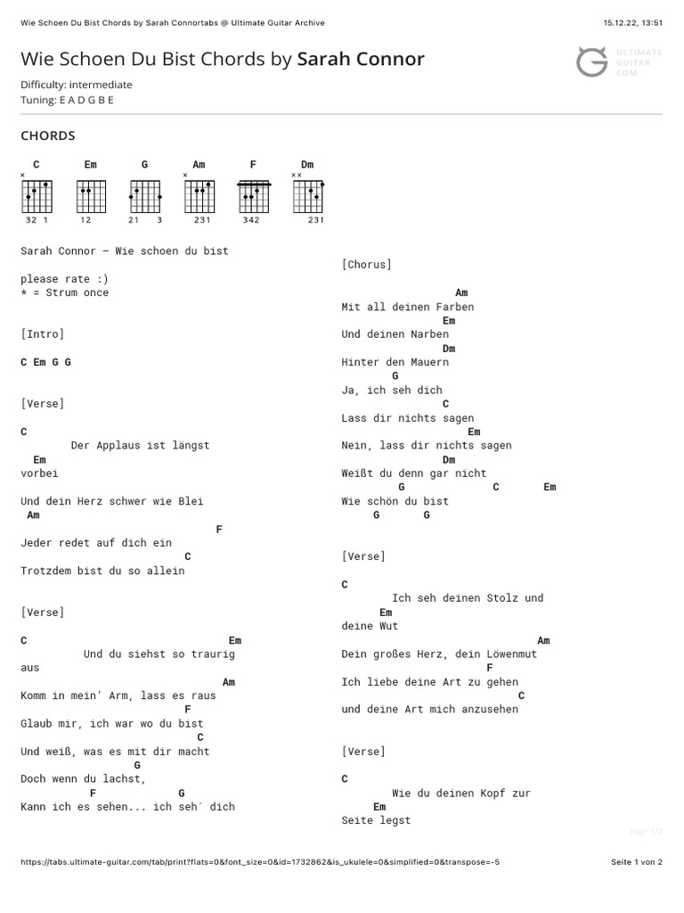 Wie Schoen Du Bist Chords by Sarah Connortabs at Ultimate Guitar ...
