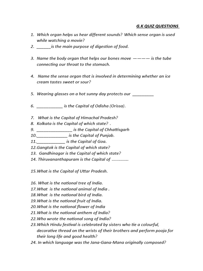 GK Quiz Questions 1st To 4th | PDF