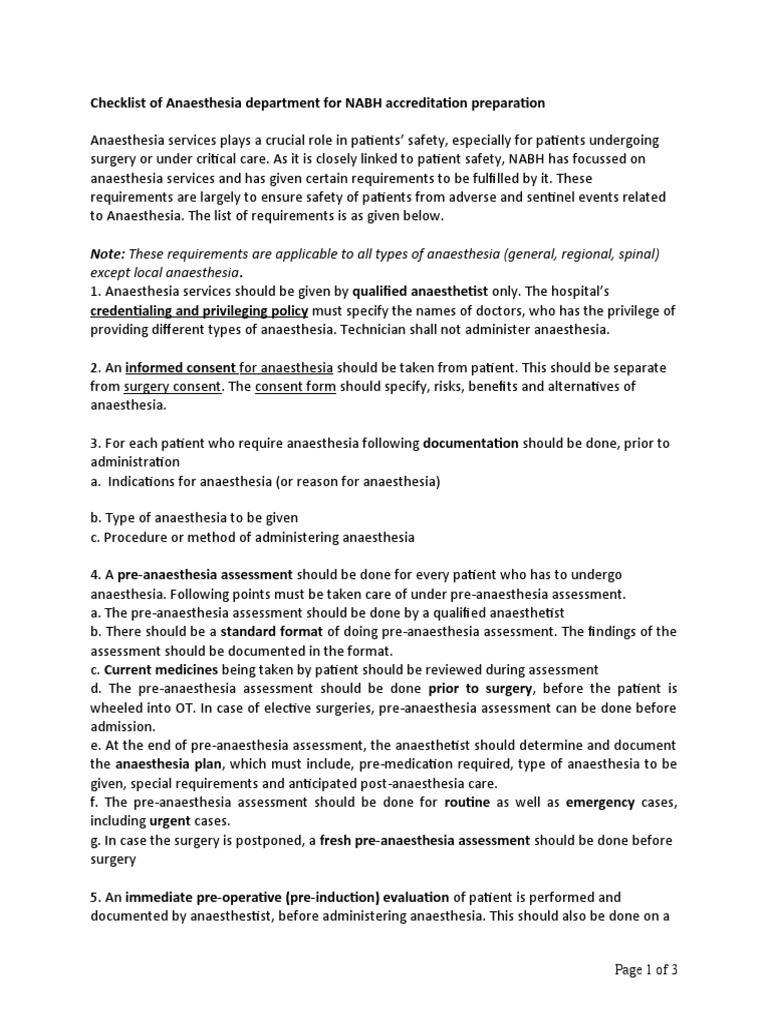 Checklist Of Anaesthesia Department For Nabh Accreditation Preparation