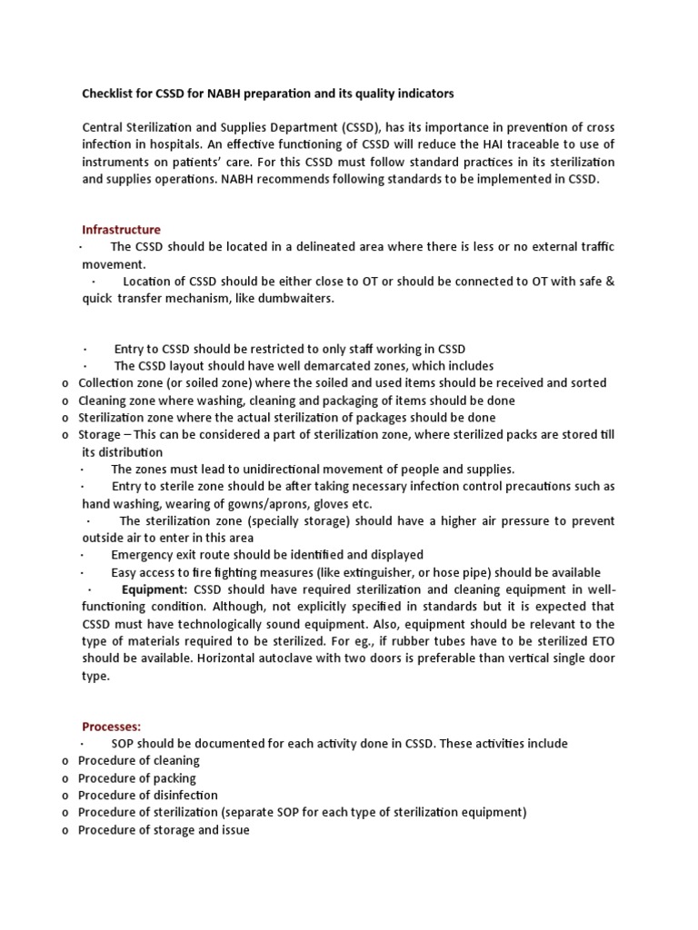 Checklist For Cssd For Nabh Preparation And Its Quality Indicators