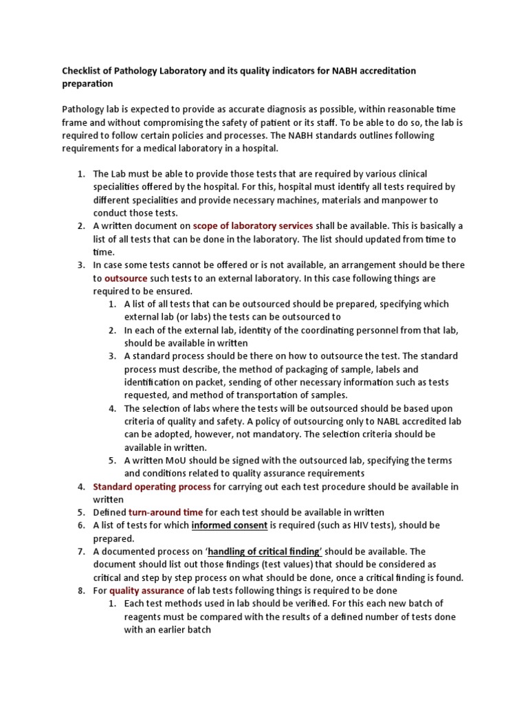 Checklist Of Pathology Laboratory And Its Quality Indicators For Nabh