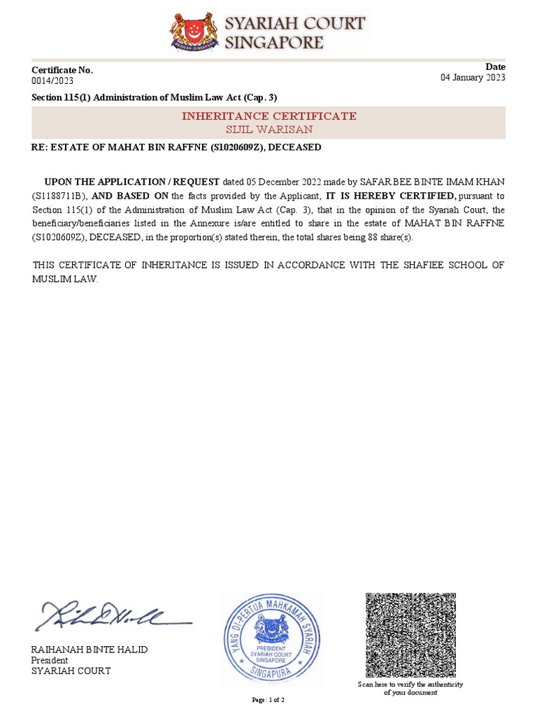 Inheritance Certificate - I-2022-003013-04012023013953 | PDF
